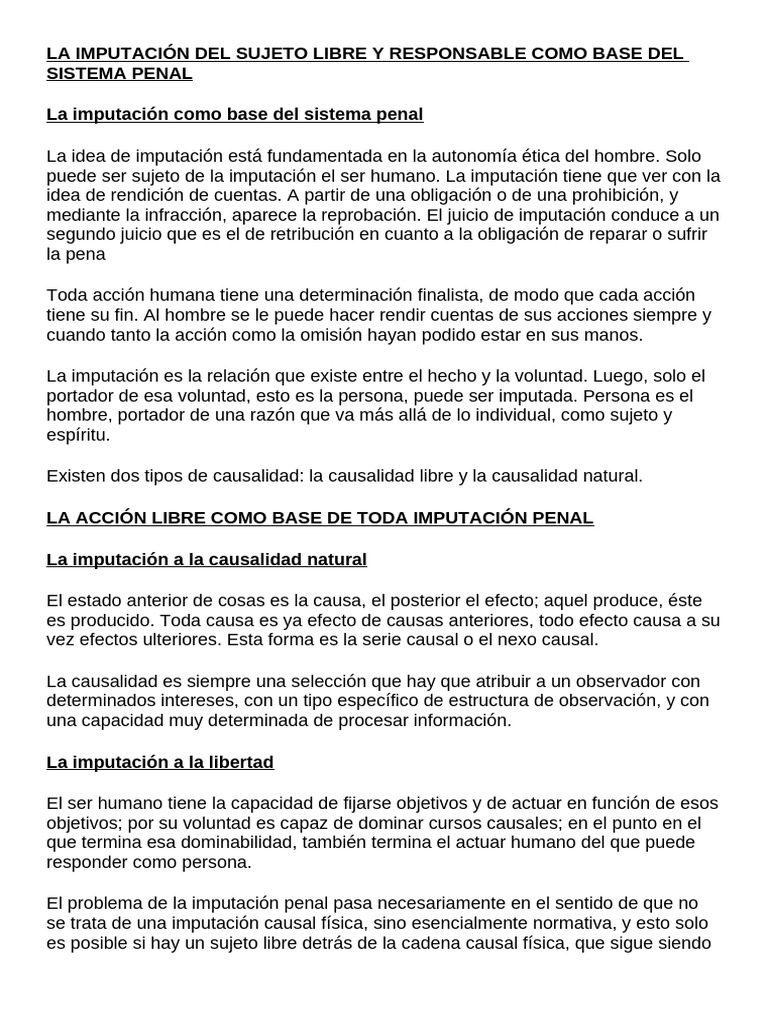 Imputación Del Sujeto Libre y Responsable | PDF | Intención (Derecho ...