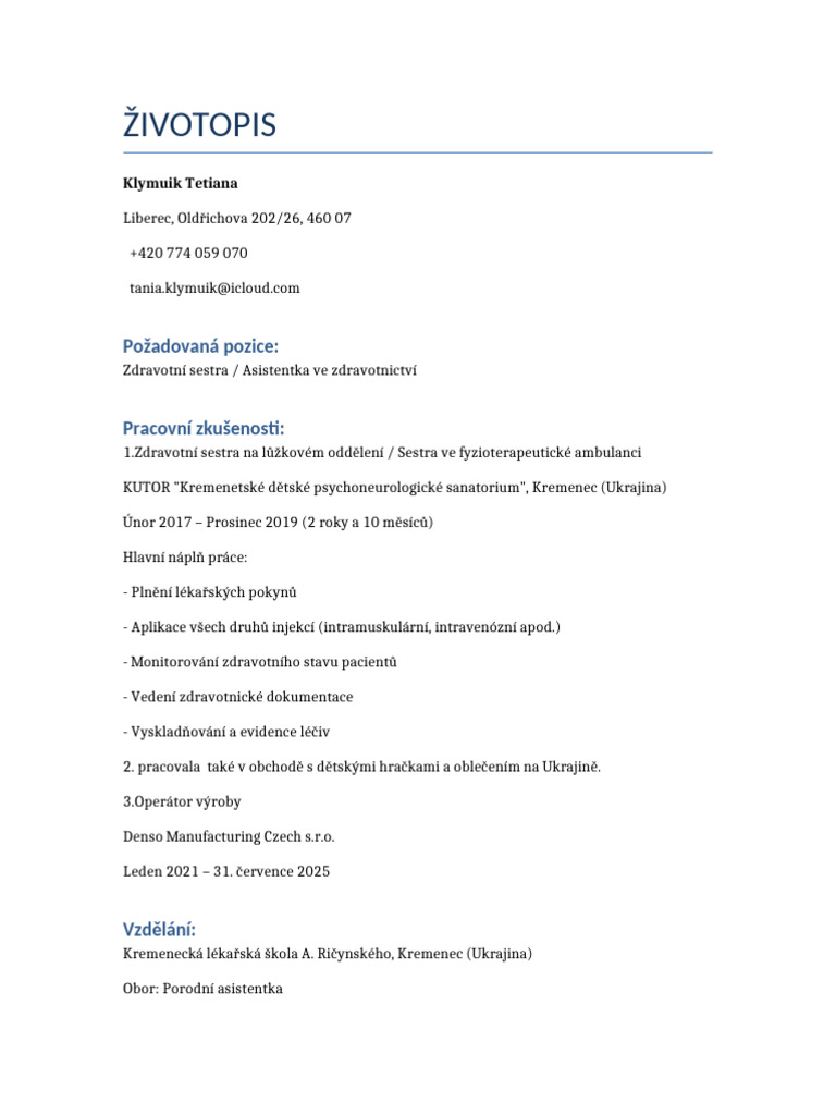 Zivotopis Klymuik Tetiana | PDF