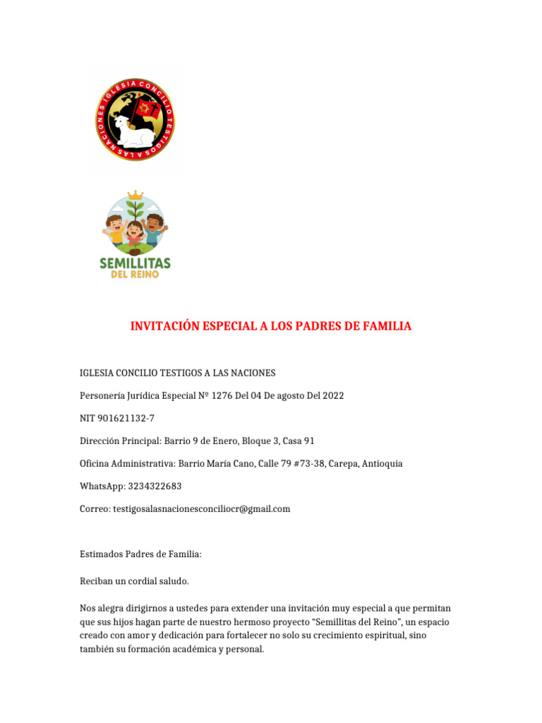 Invitacion Padres Semillitas Del Reino Con Logos | PDF