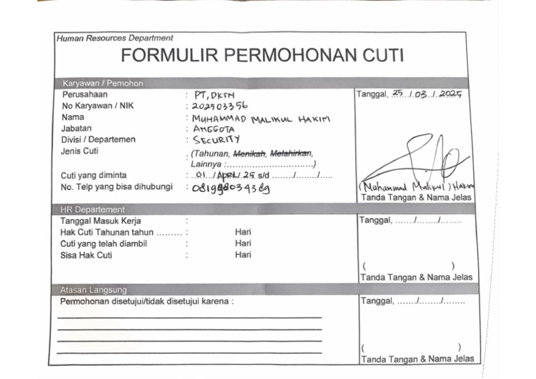 Formulir Permohonan Cuti | PDF
