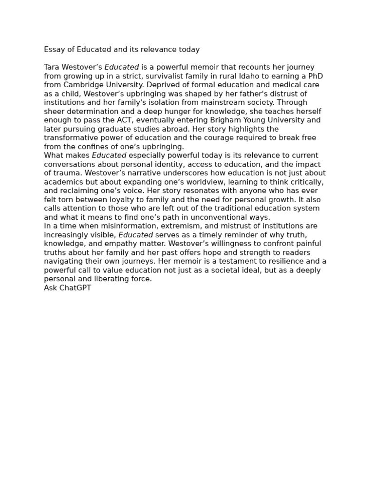 Essay of Educated and Its Relevance Today | PDF