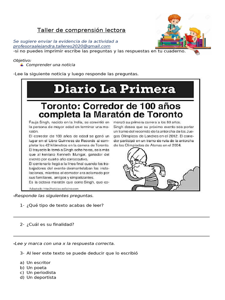 Taller de Comprensión Lectora: Fauja Singh | PDF