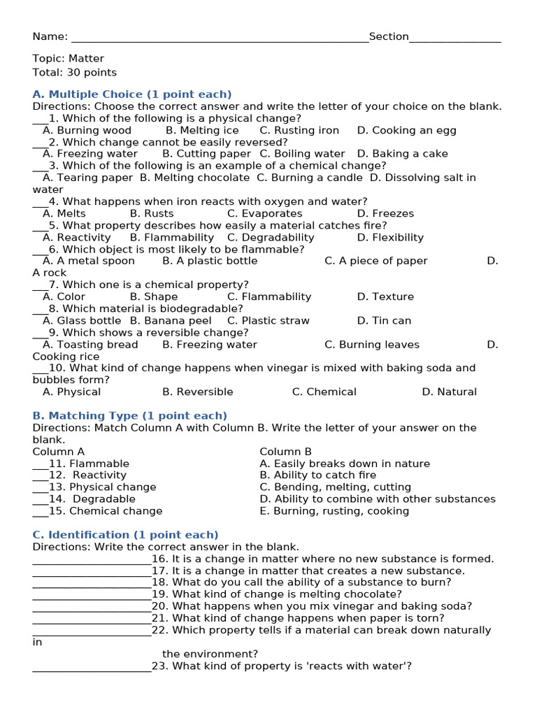 Grade 4 Quiz on Matter Changes | PDF | Water | Chemical Substances
