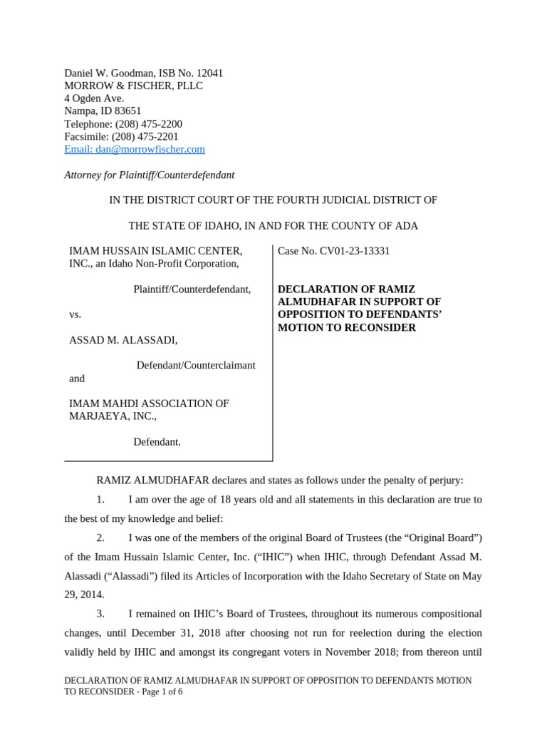 Declaration of Ramiz ISO Opp To MT To Reconsider | PDF | Complaint | Common Law