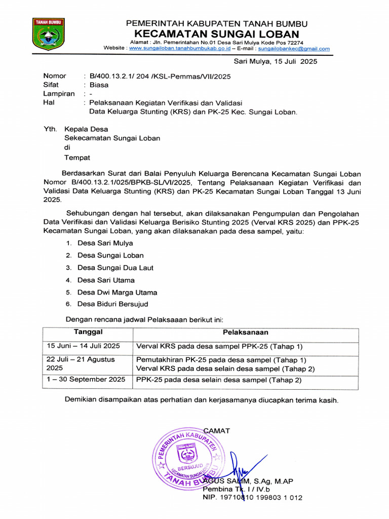 Surat Kegiatan Verval Stunting Balai KB Kec Sei Loban Tahun 202 | PDF