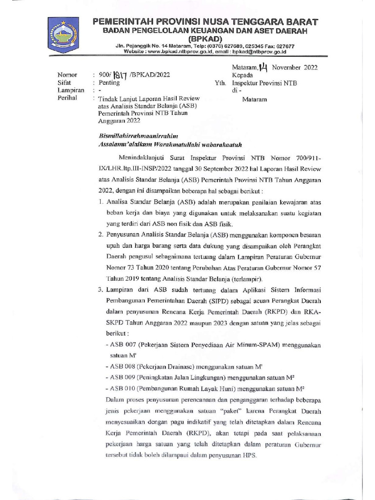 Surat Tindak Lanjut LHR ASB PDF | PDF