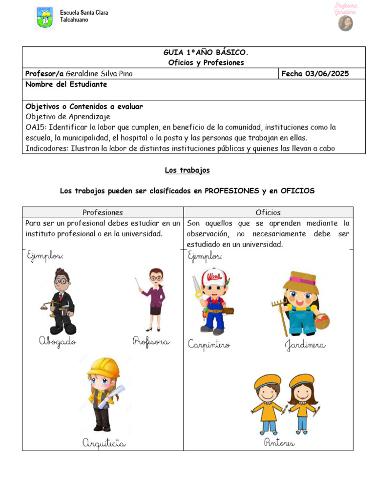 Guía de Oficios y Profesiones para 1° Básico | PDF