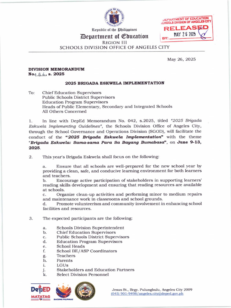 Division Memorandum No.164 S. 2025 2025 Brigada Eskwela Implementation | PDF
