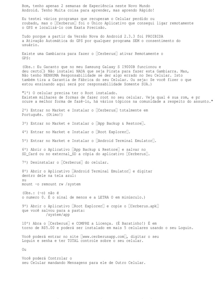 Cerberus GPS Remotamente | PDF | Android (sistema operacional) | Celulares