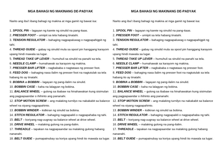 MGA BAHAGI NG MAKINANG DE Padyak | PDF