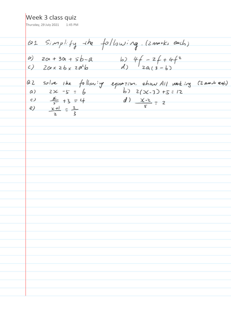 Week 3 Algebra Equation Quiz | PDF