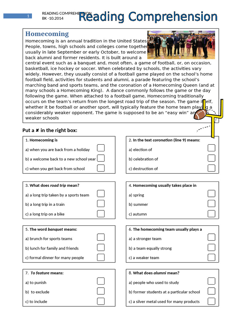 Homecoming Reading Comprehension Exercise | PDF