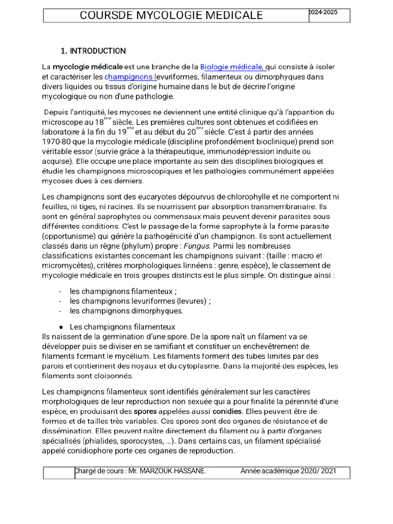 Cours de Mycologie Medicale SBM II 2024-2025 | PDF