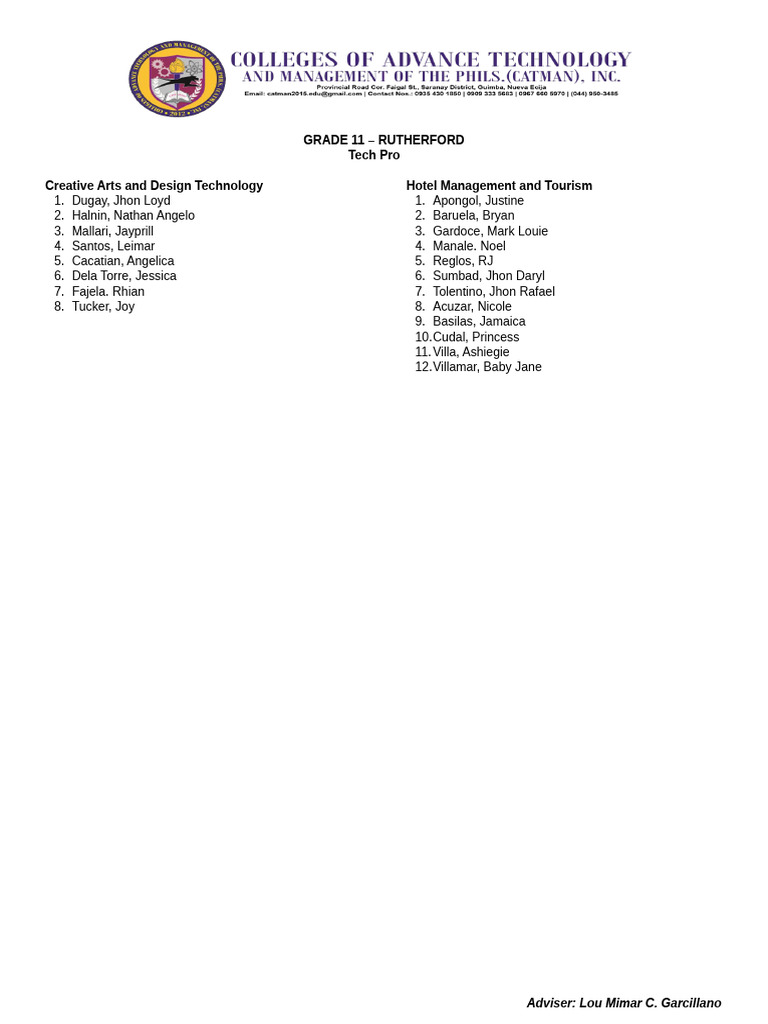 Grade 11 Student List: Tech & Tourism | PDF