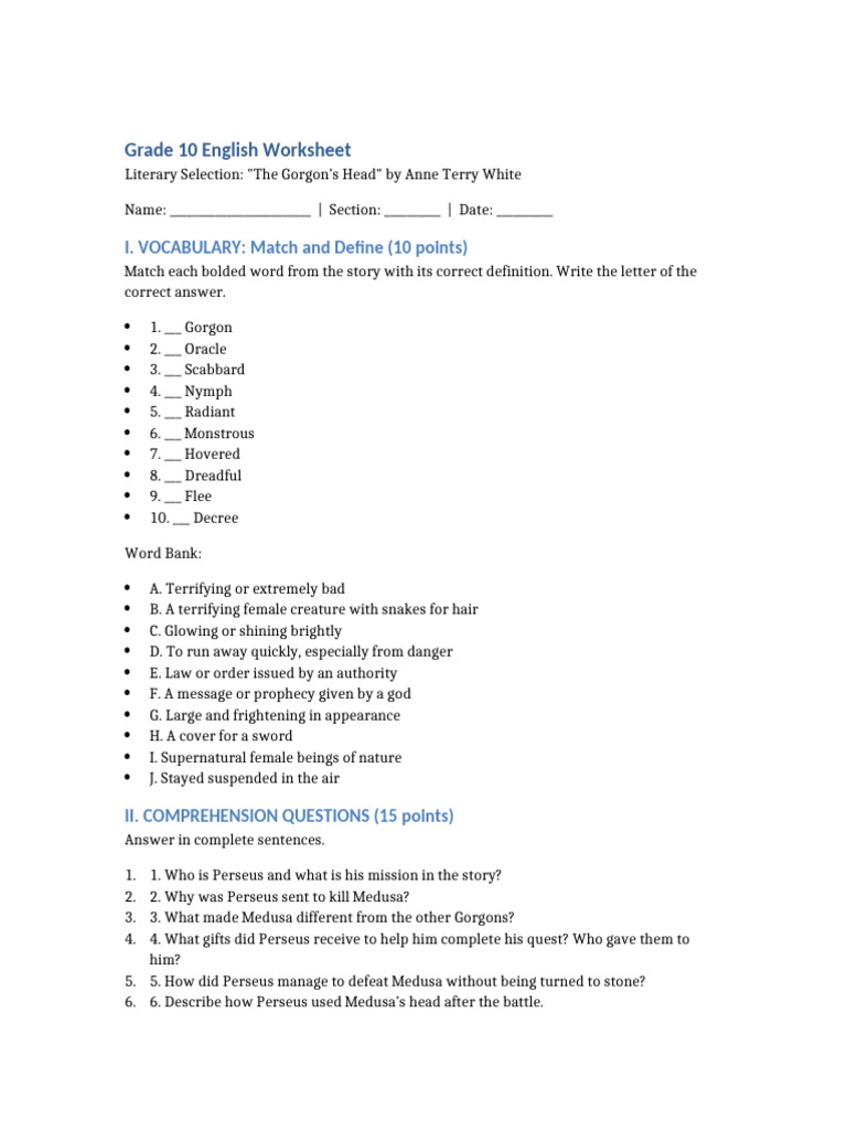 Gorgons Head Worksheet Grade10 | PDF