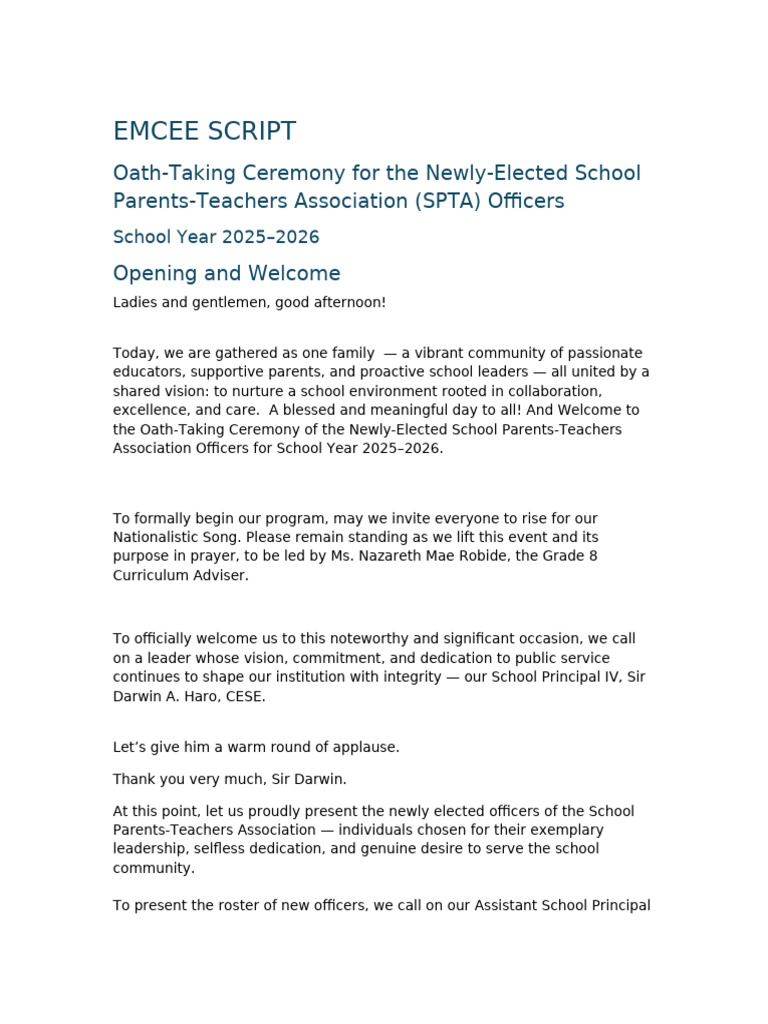 SPTA Oath-Taking Ceremony Script 2025-2026 | PDF