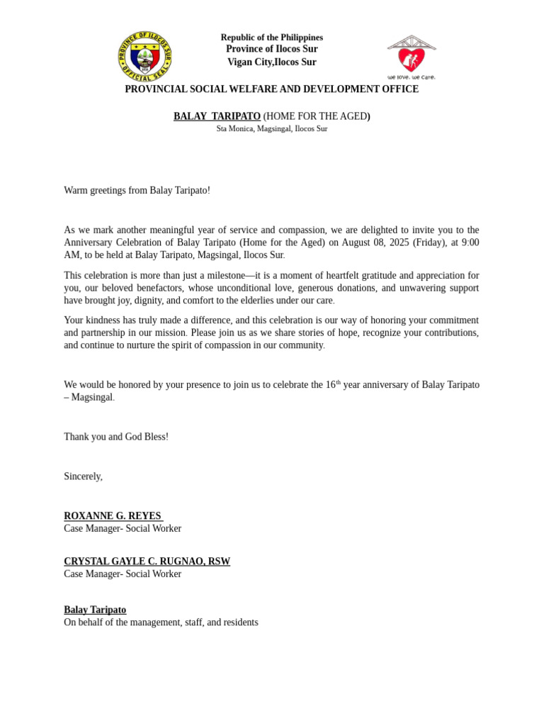 Invitation Letter Benefactors | PDF