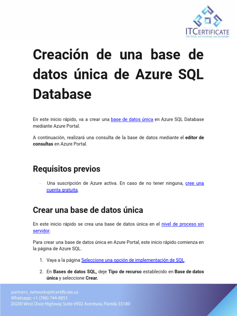 Creación de Una Base de Datos Única de Azure SQL Database | PDF | Bases de datos | SQL