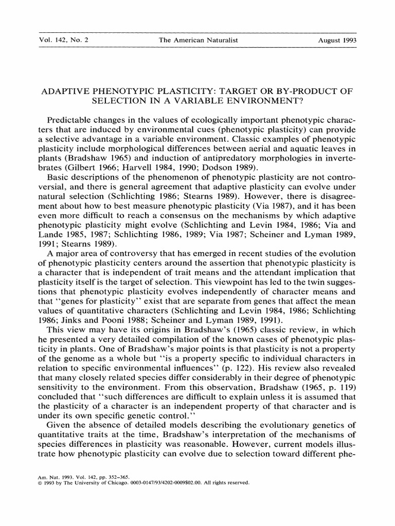 Adaptive Phenotypic Plasticity, Target or By-Product of Selection in A Variable Environment ...