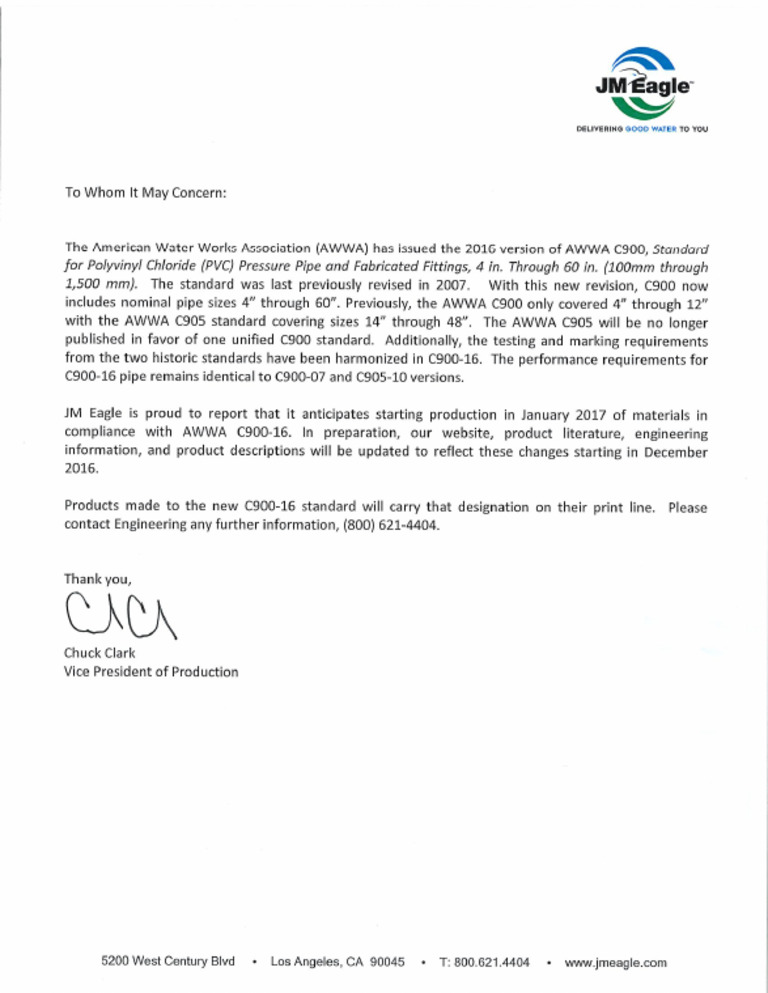 Letter of AWWA C900 Change | PDF