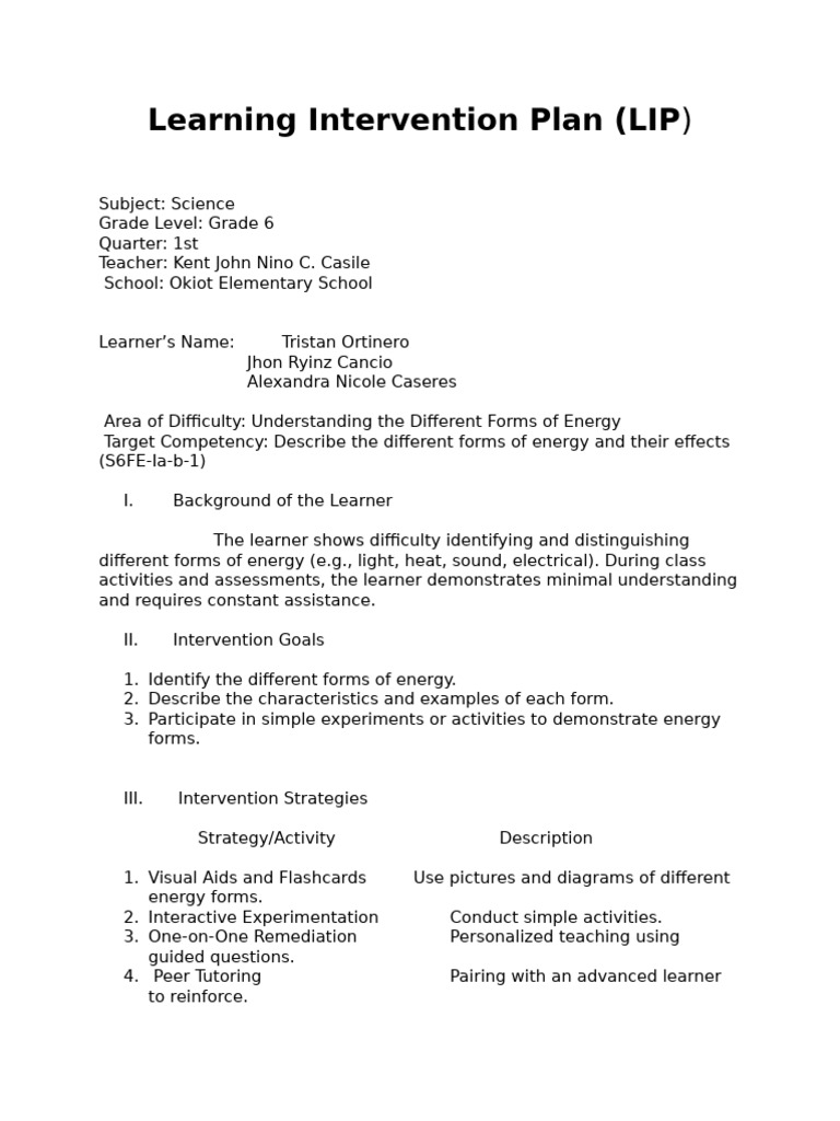 Grade 6 Science Energy Intervention Plan | PDF | Learning | Cognition