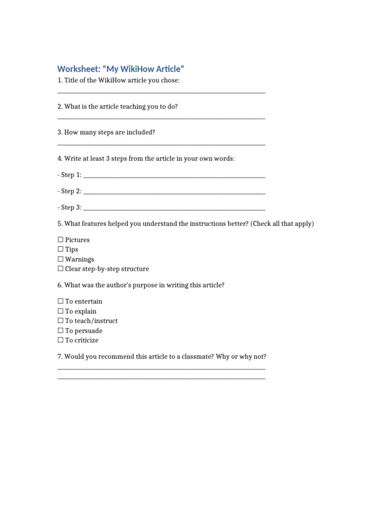 WikiHow Article Worksheet | PDF
