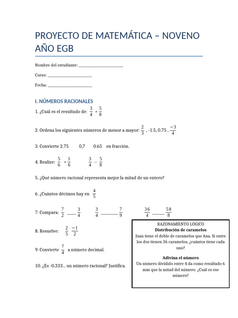 Proyecto Matematica 9no | PDF | Número racional | Aritmética