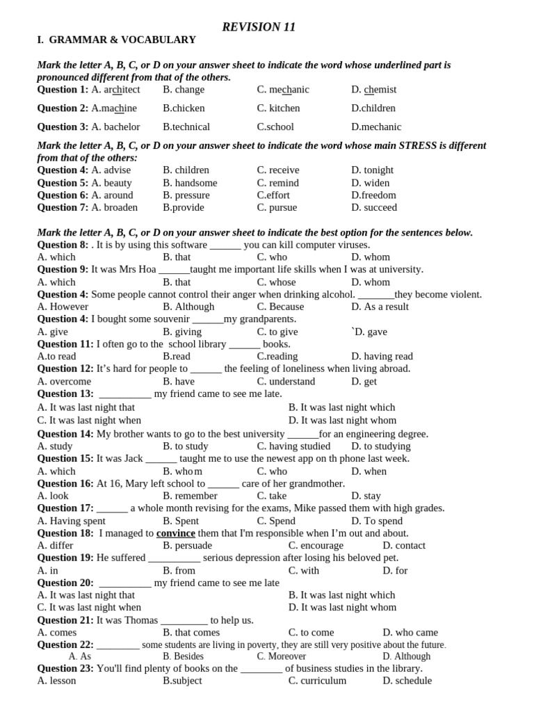 Grammar and Vocabulary Practice Test | PDF | Schools | Learning