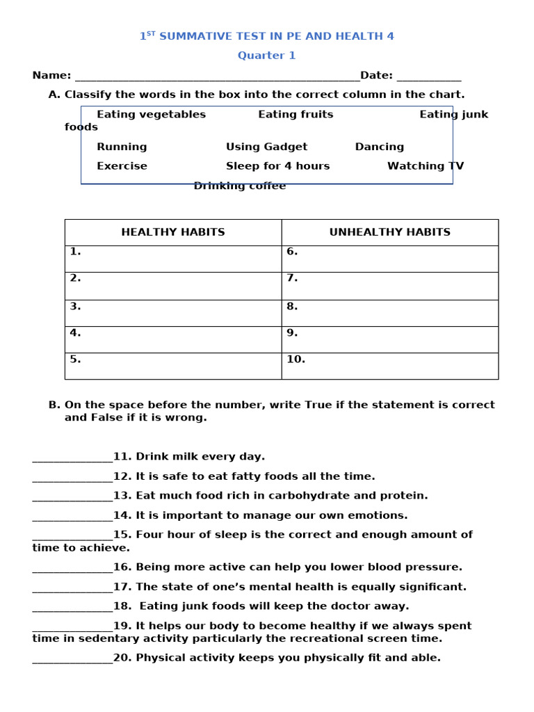 1st Summative Test in Pe and Health 4 | PDF