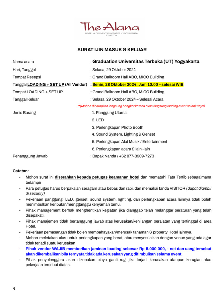 Loading Letter Alana Hotel Yogyakarta For Graduation Universitas Terbuka (UT) Yogyakarta | PDF