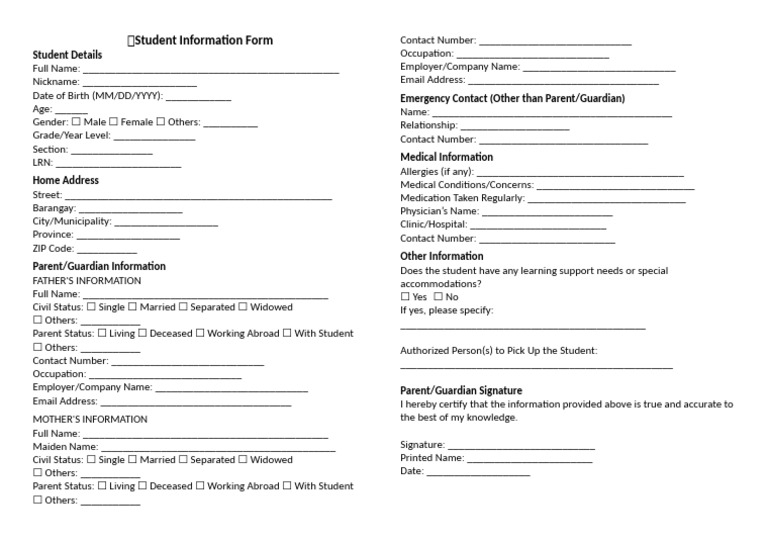 Student Information Form Template | PDF | Parent | Medicine