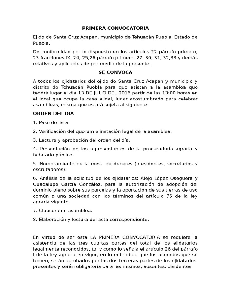 Convocatoria Asamblea Ejidal Tehuacán | PDF