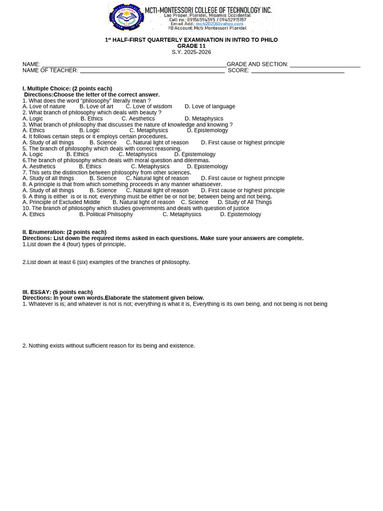 Grade 11 Intro to Philosophy Exam | PDF | Reason | Epistemology