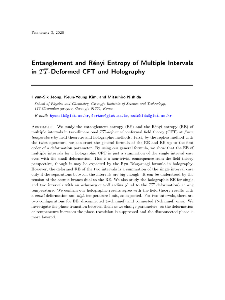 Entanglement and R Enyi Entropy of Multiple Intervals in - Deformed CFT ...