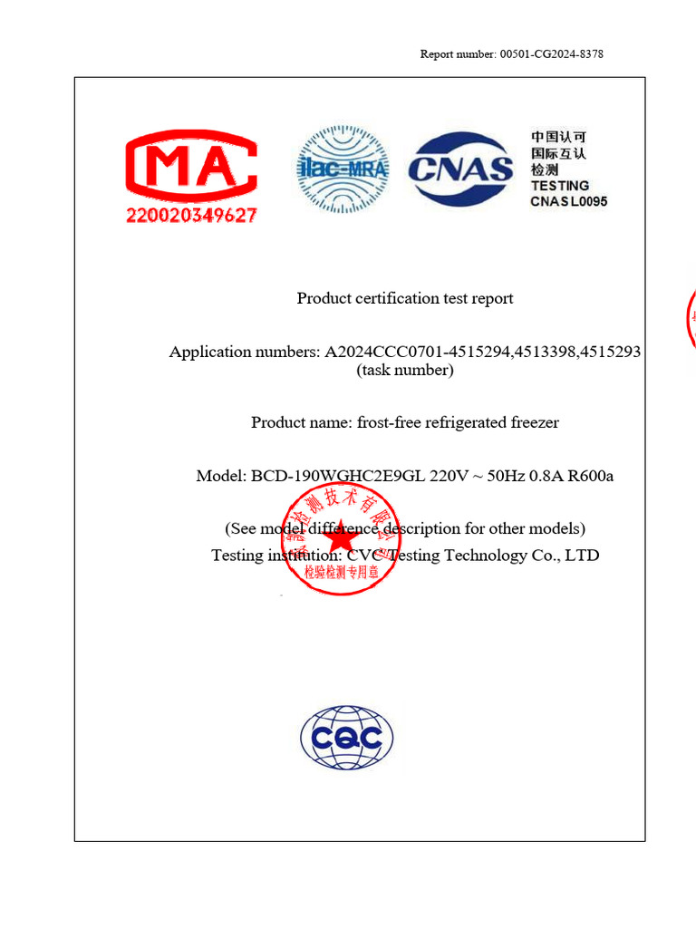 Frost-Free Freezer Certification Report | PDF | Refrigerator ...