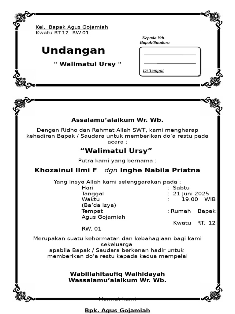 Undangan Walimatul Ursy Khozainul & Inghe | PDF