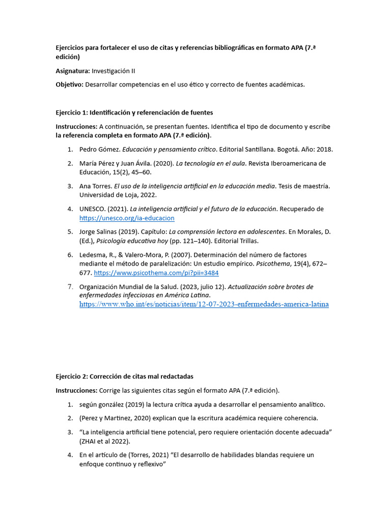 Ejercicios para Fortalecer El Uso de Citas y Referencias Bibliográficas en Formato APA | PDF ...