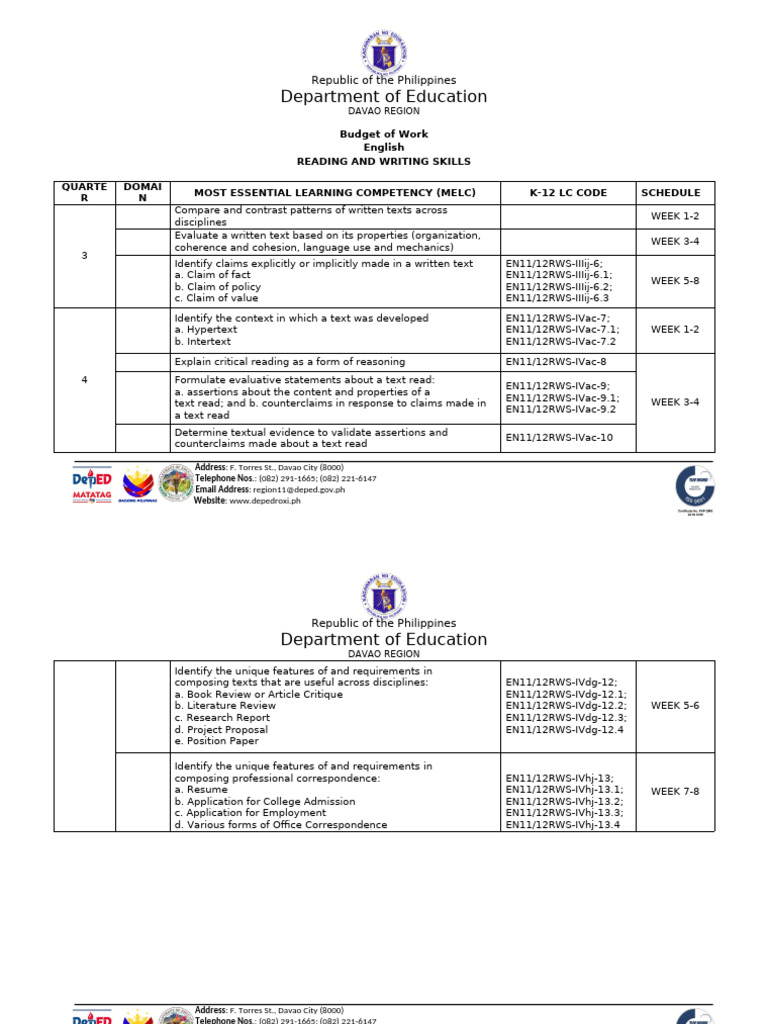 Shs-Reading and Writing Skills - Bow | PDF | Learning | Human Communication