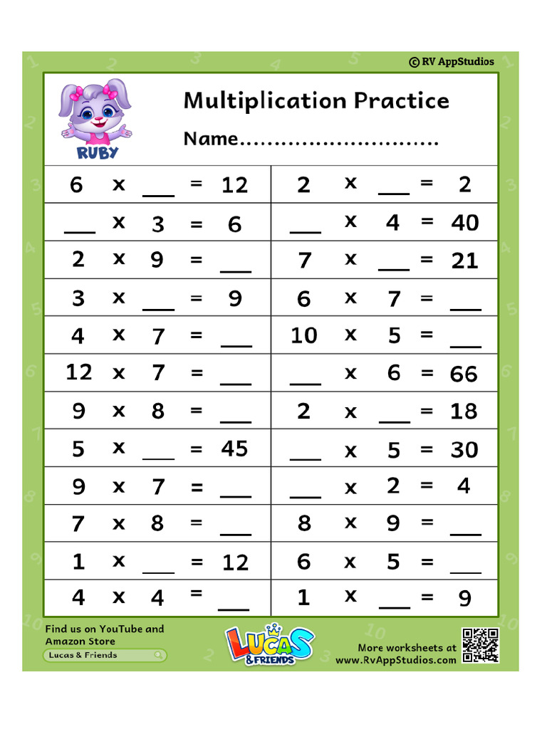 142 Free Printable Worksheets For Kids Multiplication Fill in The Blank ...