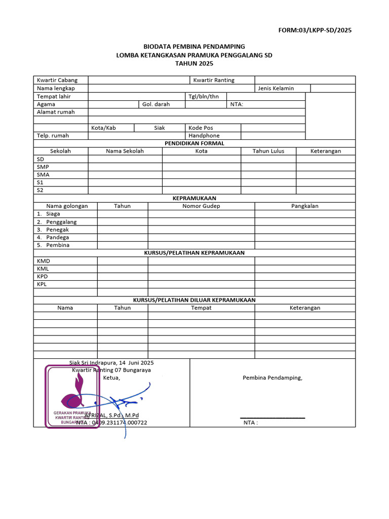 Biodata Pembina Pendamping LKPP 2025 | PDF