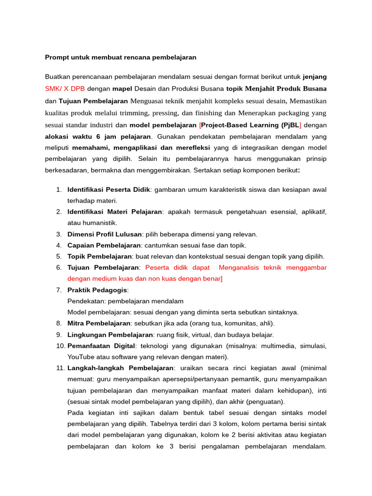 Rencana Pembelajaran Mendalam SMK Desain Busana | PDF