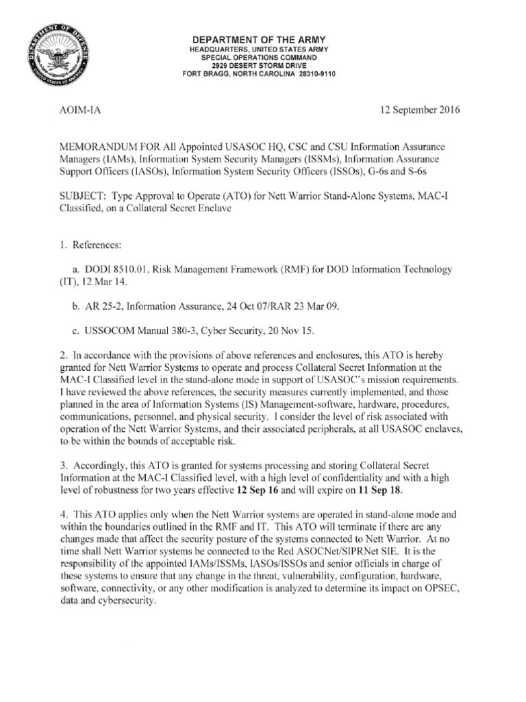 Usasoc Atak Nett Warrior Ato 12sep16 | PDF