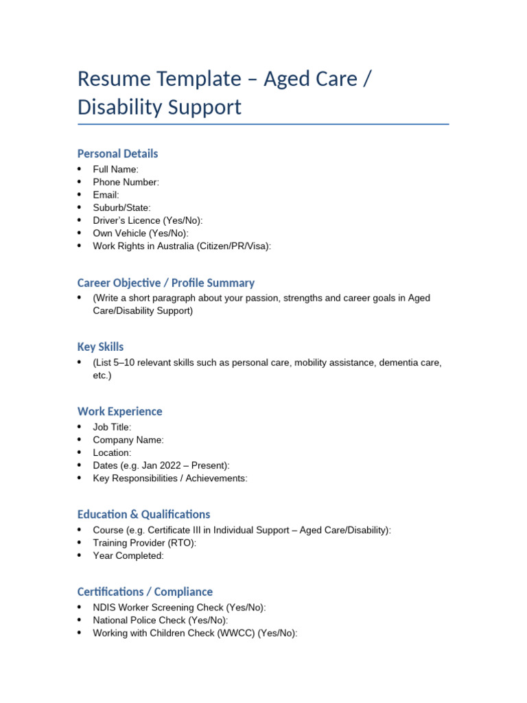 Resume Template Aged Care Disability | PDF