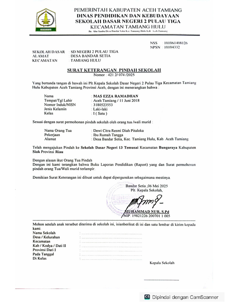 Surat Keterangan Pindah Sekolah | PDF