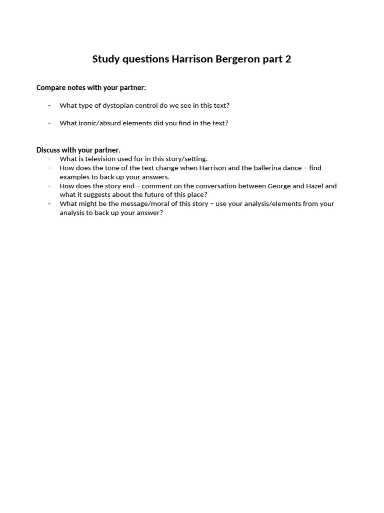 Study Questions for Harrison Bergeron | PDF