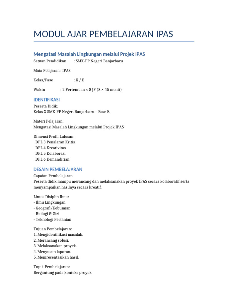 Modul Ajar IPAS: Projek Lingkungan Kelas X | PDF