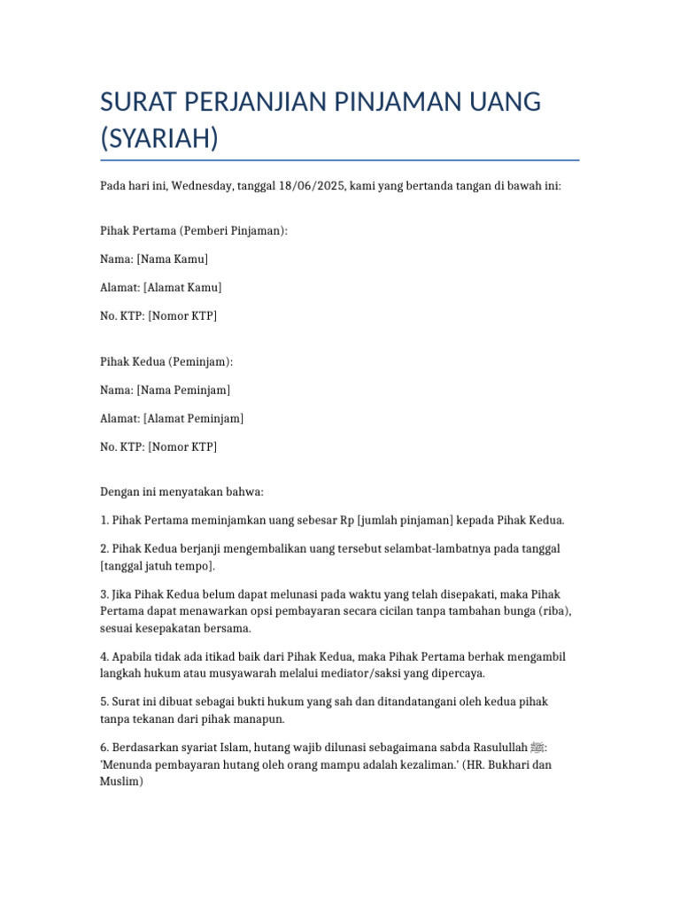 Surat Pinjaman Uang Syariah | PDF