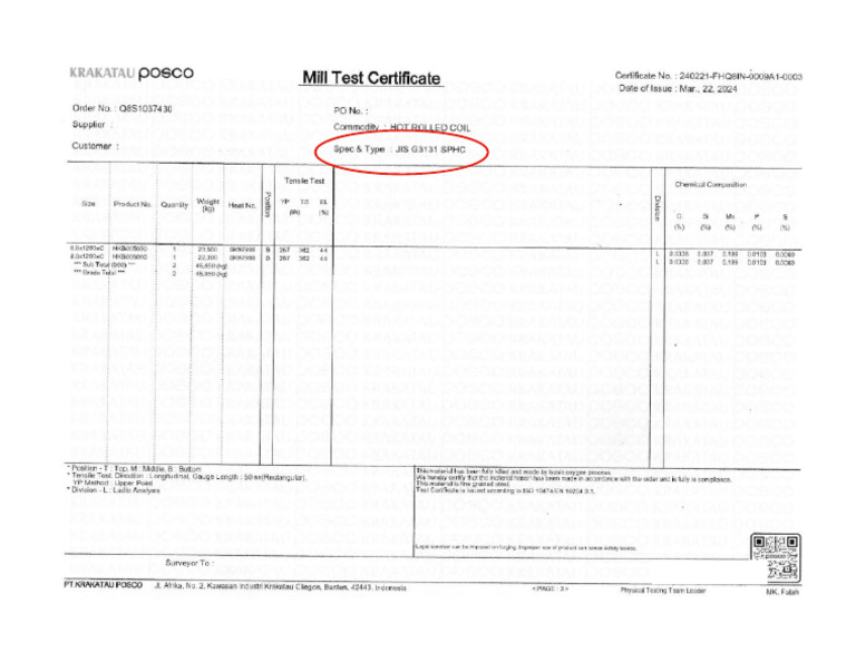 Contoh Millsheet Material | PDF
