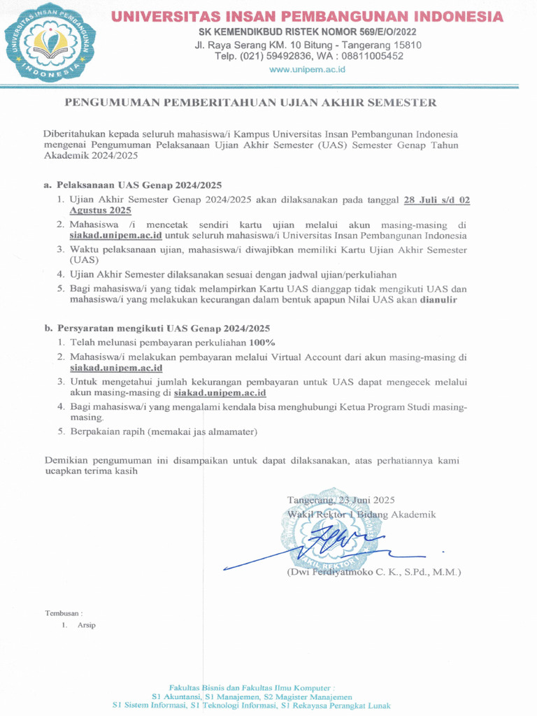 Pengumuman UAS Genap 24 25 Untuk Mahasiswa | PDF