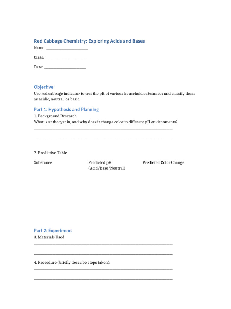 Red Cabbage Chemistry Worksheet | PDF | Ph